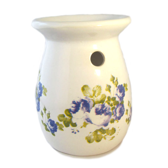 4.75" Ceramic White Round Diffuser Blue Flower Design | Aroma-Burner.com